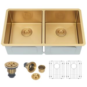 LQS Undermount Kitchen Sink Double Bowl 31 Inch Gold Colour, Stainless Steel Double Bowl Kitchen Sink, Double Bowl Kitchen Sinks with Accessories