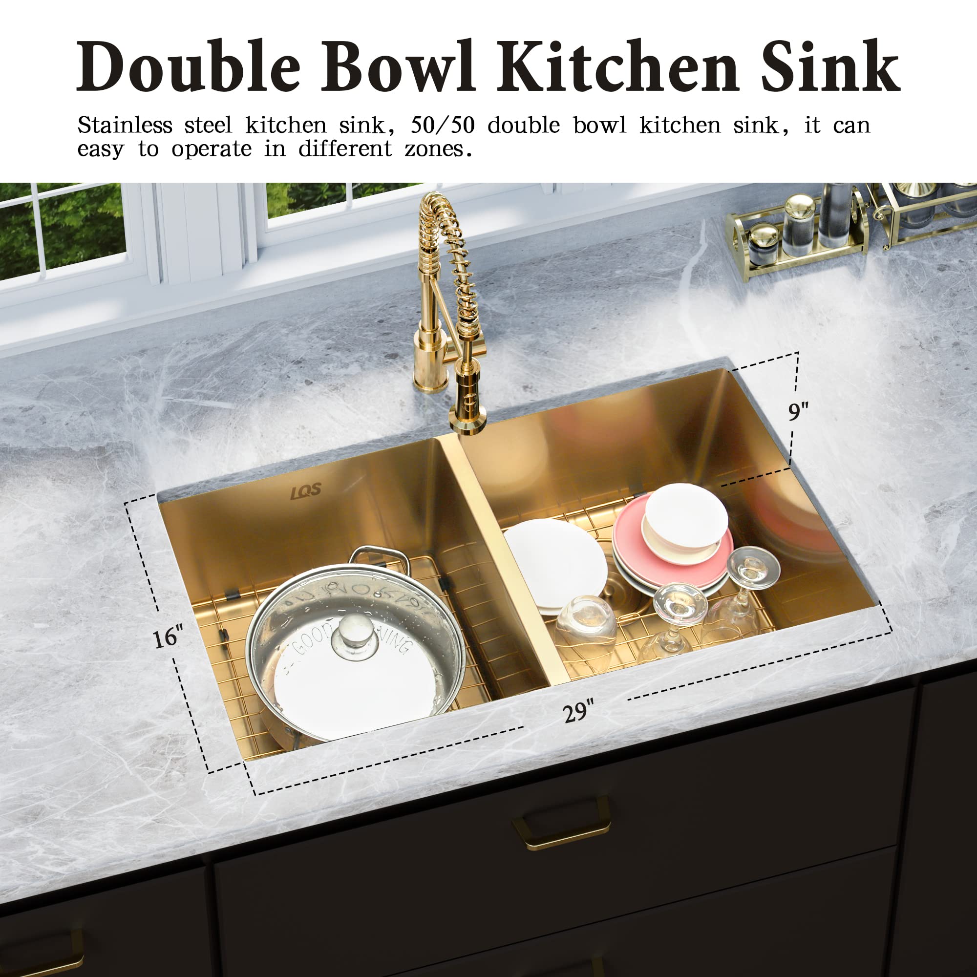 LQS Undermount Kitchen Sink Double Bowl 31 Inch Gold Colour, Stainless Steel Double Bowl Kitchen Sink, Double Bowl Kitchen Sinks with Accessories