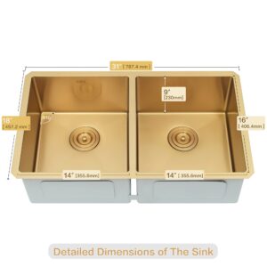 LQS Undermount Kitchen Sink Double Bowl 31 Inch Gold Colour, Stainless Steel Double Bowl Kitchen Sink, Double Bowl Kitchen Sinks with Accessories