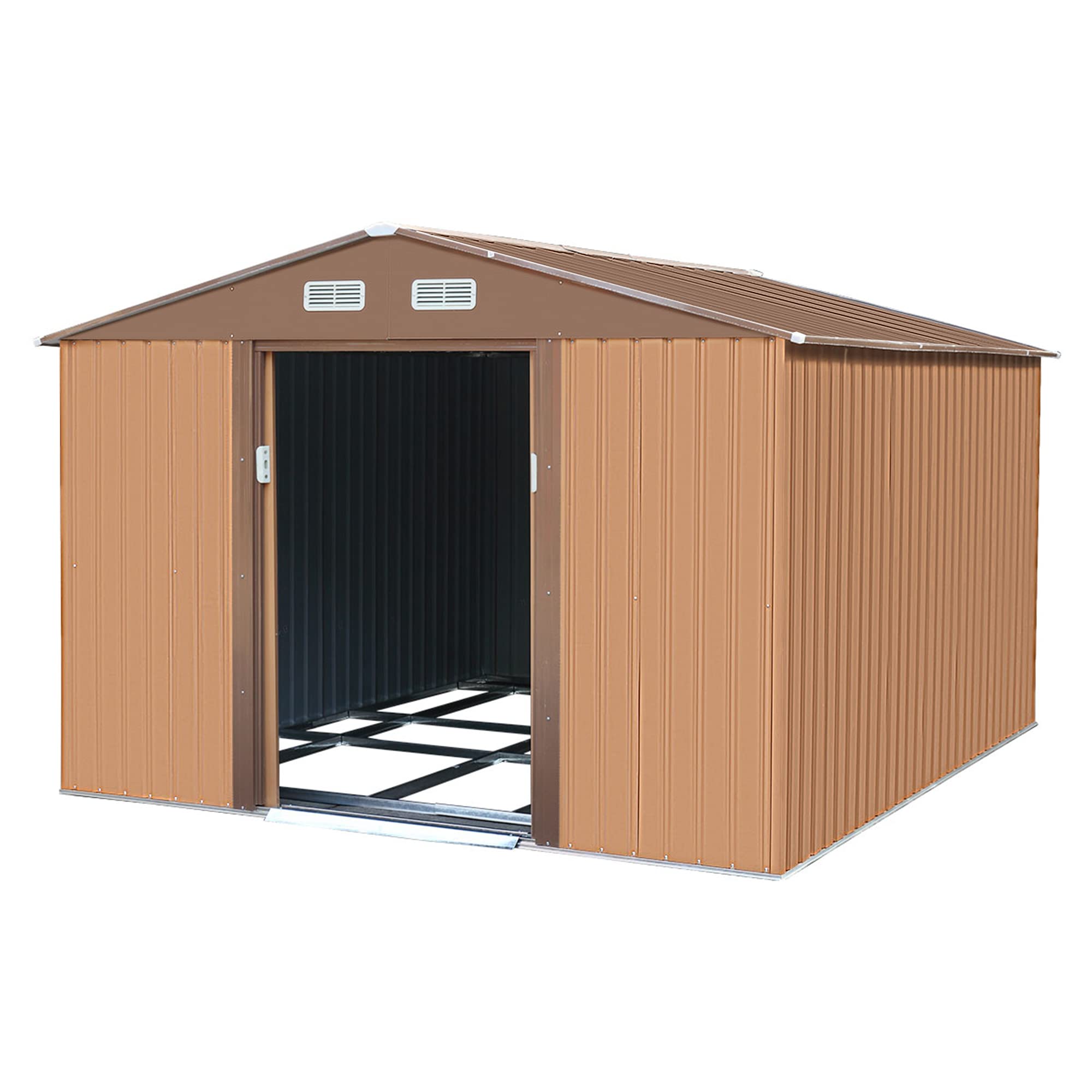 NBTiger 9.1’ x 10.5’ Large Outdoor Storage Shed, Sturdy Utility Tool Lawn Mower Equipment Organizer for Backyard Garden w/Gable Roof, Lockable Sliding Door, Vents, Floor Frame - Coffee