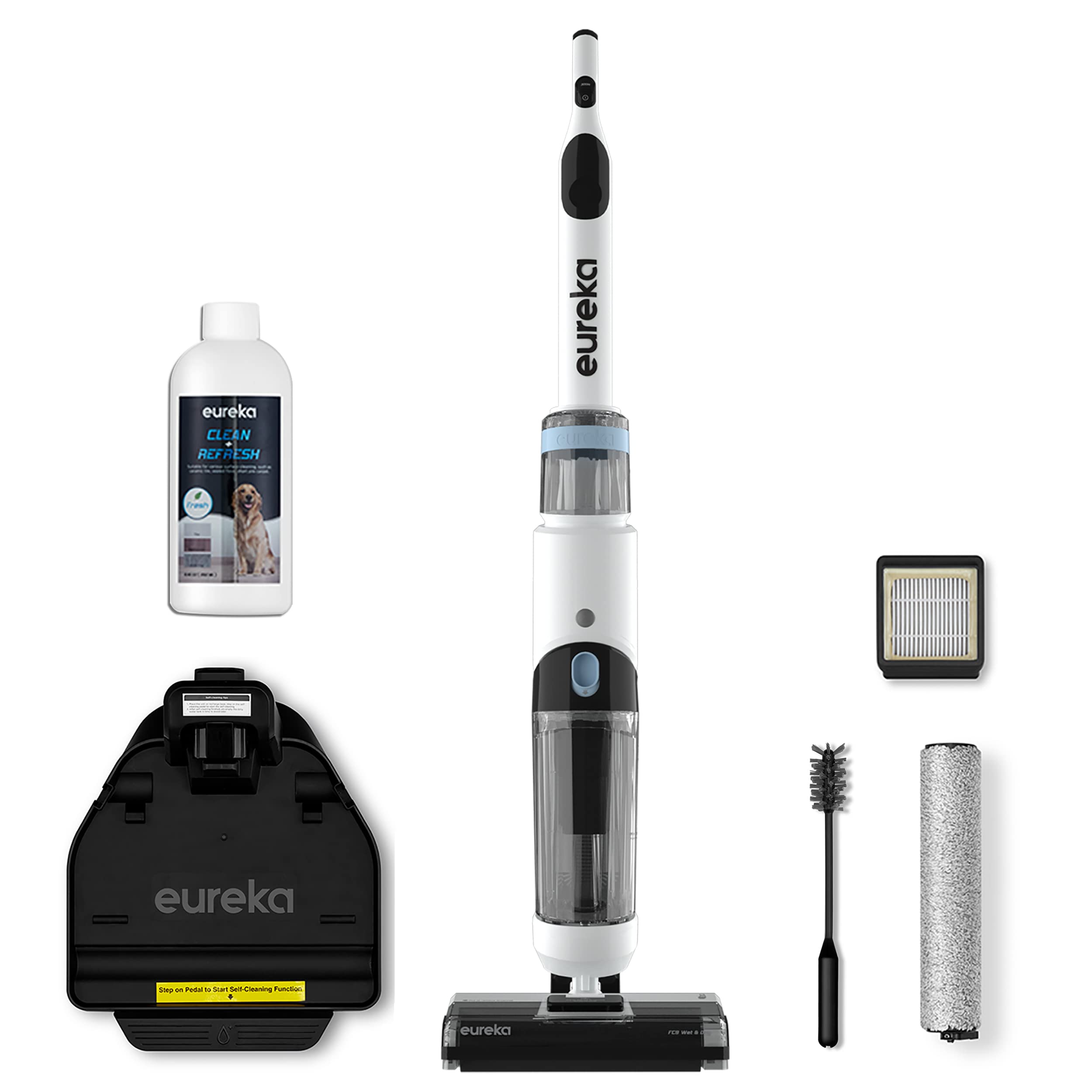 Eureka NEW500 Cordless Wet Dry Vacuum Mop for Multi-Surface Lightweight Hardwood Floors Cleaner with Self-Cleaning System, Voice prompts and Smart Dirt Detecting, XL Water Tank, Black & White