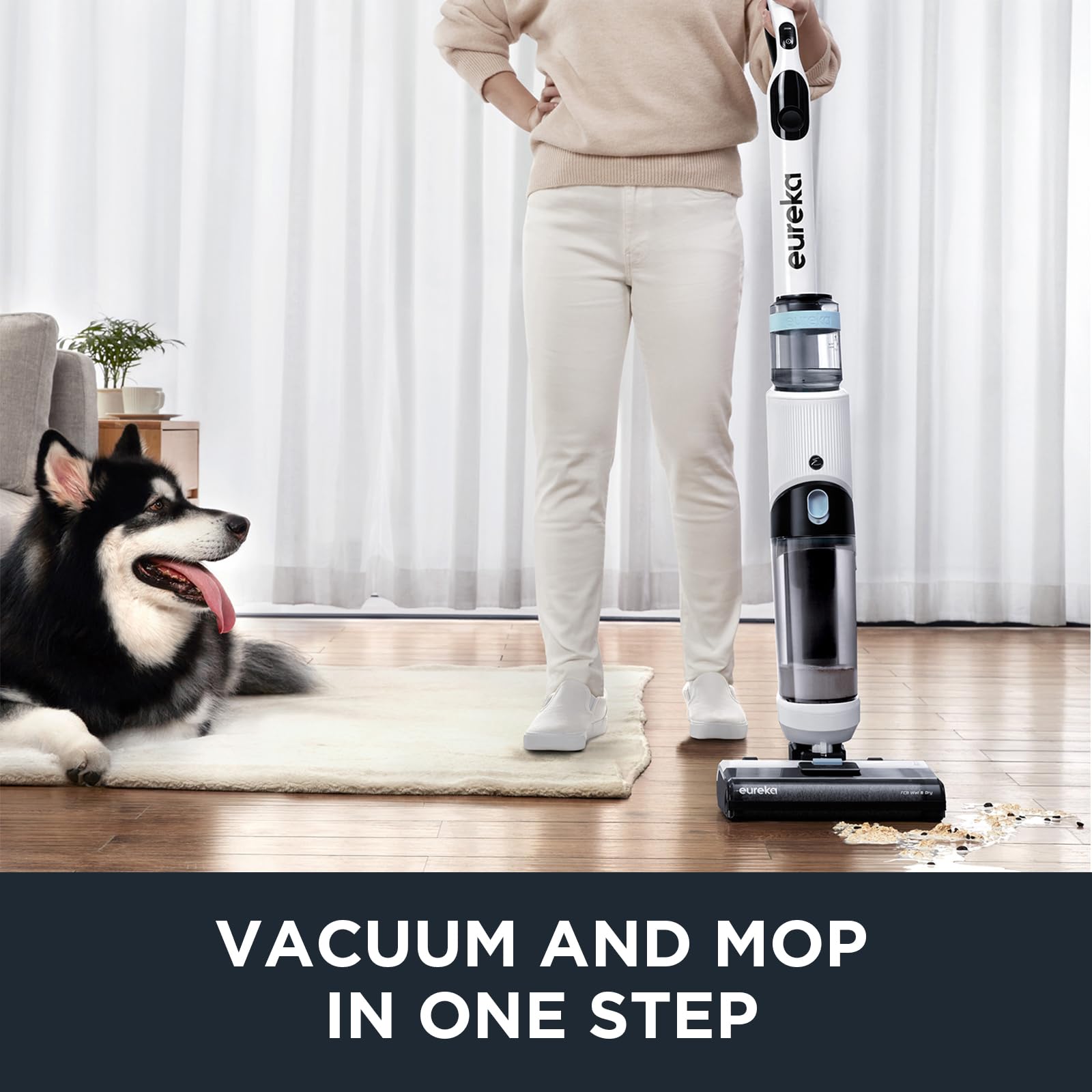 Eureka NEW500 Cordless Wet Dry Vacuum Mop for Multi-Surface Lightweight Hardwood Floors Cleaner with Self-Cleaning System, Voice prompts and Smart Dirt Detecting, XL Water Tank, Black & White