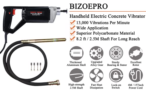 BIZOEPRO Hand Held Power Concrete Vibrator 950W 13000rpm With 2.5M(8-1/5feet) Shaft Rod Electric Concrete Vibrabrater Portable Construction Pencil Vibrator