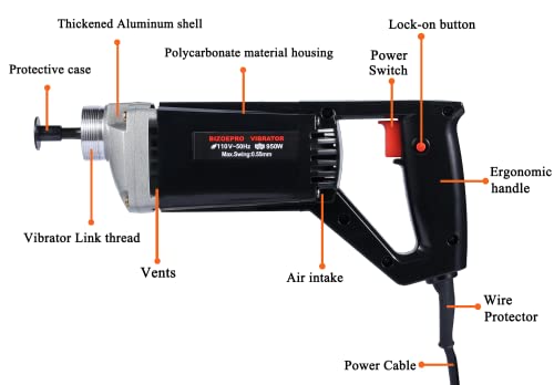 BIZOEPRO Hand Held Power Concrete Vibrator 950W 13000rpm With 2.5M(8-1/5feet) Shaft Rod Electric Concrete Vibrabrater Portable Construction Pencil Vibrator