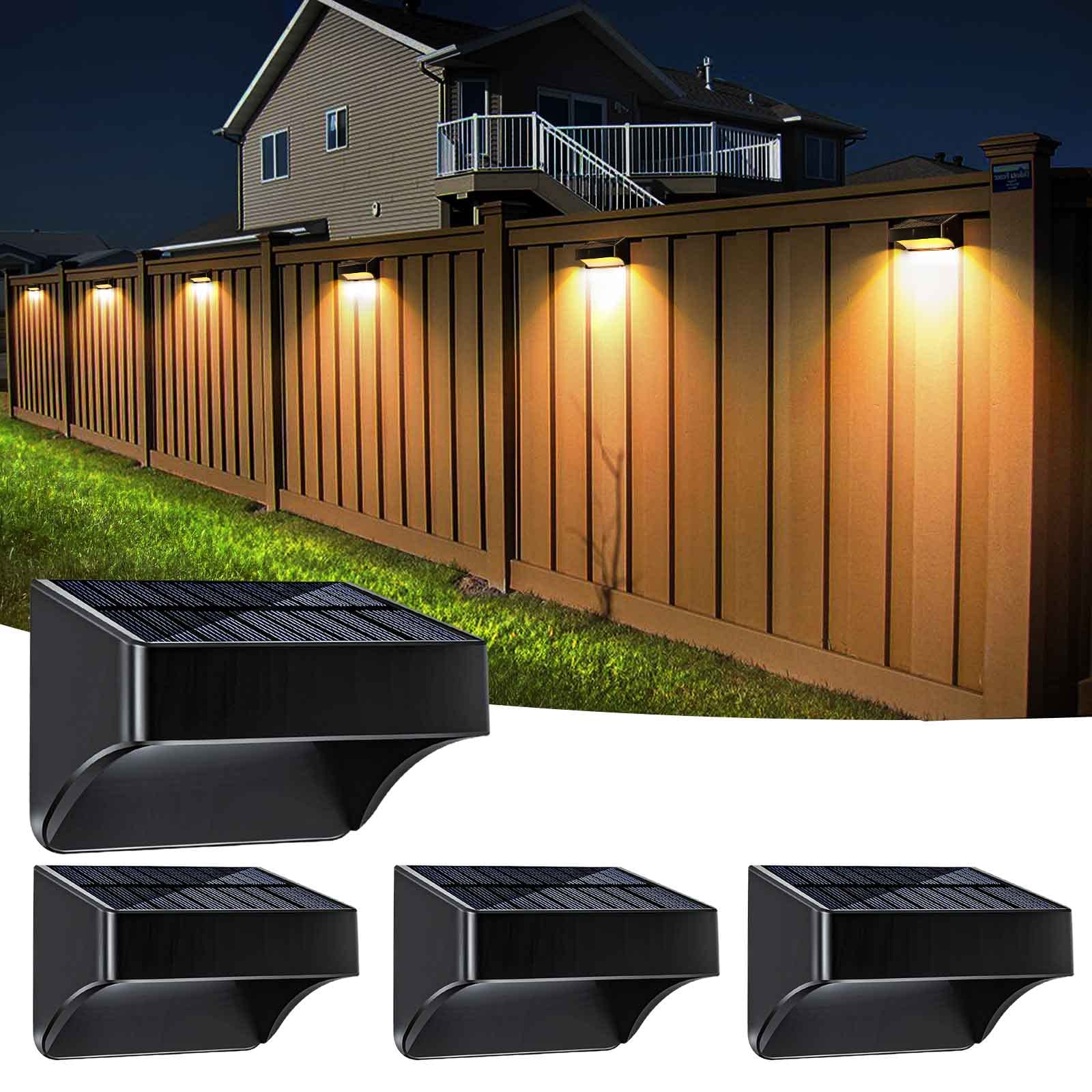 Amiluo Solar Fence Lights 4 Pack Warm White & 8 RGB Fixed Colors, Solar Outdoor Wall Lights IP65 Waterproof Fence Solar Light, Color Glow Light Outside Solar Deck Light for Backyard Wall Step Holiday