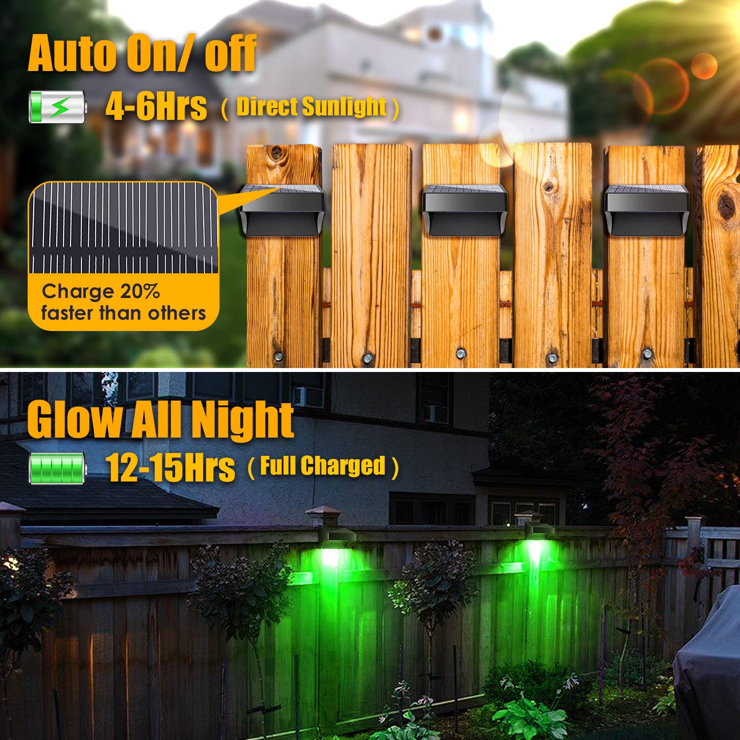 Amiluo Solar Fence Lights 4 Pack Warm White & 8 RGB Fixed Colors, Solar Outdoor Wall Lights IP65 Waterproof Fence Solar Light, Color Glow Light Outside Solar Deck Light for Backyard Wall Step Holiday