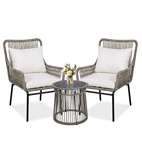 VIVIJASON 3-Piece Patio Conversation Bistro Set, All-Weather Wicker Outdoor Modern Furniture Small Balcony Chat Set w/ 2 Rattan Chairs, Cushions, Glass Top Side Table for Porch Backyard, Grey