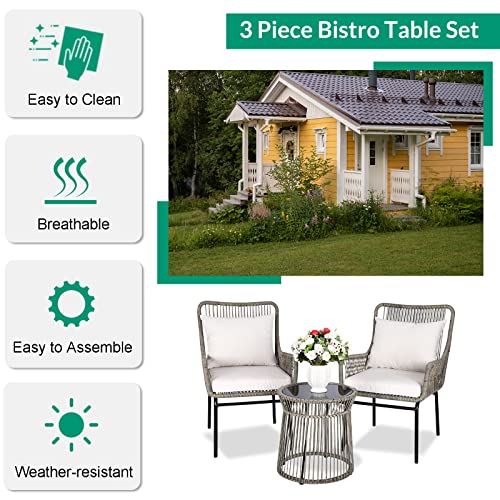 VIVIJASON 3-Piece Patio Conversation Bistro Set, All-Weather Wicker Outdoor Modern Furniture Small Balcony Chat Set w/ 2 Rattan Chairs, Cushions, Glass Top Side Table for Porch Backyard, Grey