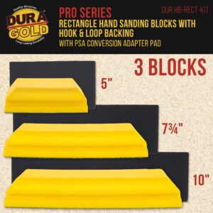 Dura-Gold Pro Series Classic Rectangle Hand Sanding Block Kit with 3 Blocks, 5", 7-3/4" and 10" Set, Hook & Loop Backing and PSA Sandpaper Conversion Adapter Pad - Auto Paint Prep Sand Woodworking