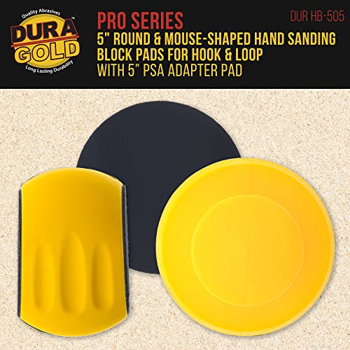 Dura-Gold Pro Series 5" Round & Mouse-Shaped Hand Sanding Block Pads for Hook & Loop and PSA 5" DA Sanding Discs - 2-Way Adapter Pad to Use PSA Sandpaper - Automotive Sand Polish Woodworking Furniture