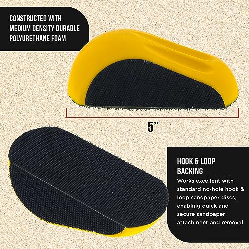 Dura-Gold Pro Series 5" Round & Mouse-Shaped Hand Sanding Block Pads for Hook & Loop and PSA 5" DA Sanding Discs - 2-Way Adapter Pad to Use PSA Sandpaper - Automotive Sand Polish Woodworking Furniture