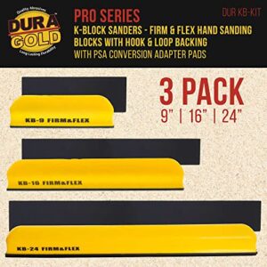 Dura-Gold Pro Series K-Block Sander Firm & Flex Hand Sanding Block Kit, 9", 16" and 24" with Hook & Loop Backing and PSA Sandpaper Conversion Adapter Pad, Automotive Marine Paint Prep Sand Woodworking