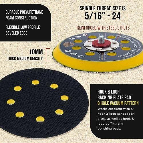 Dura-Gold Pro Series 5" Hook & Loop DA Backing Plate Pad, 8 Hole Pattern Dustless - Low Profile Edge, Medium Density, Dual-Action Random Orbital Sanding Pad, Sander Polisher Auto Woodworking Sandpaper