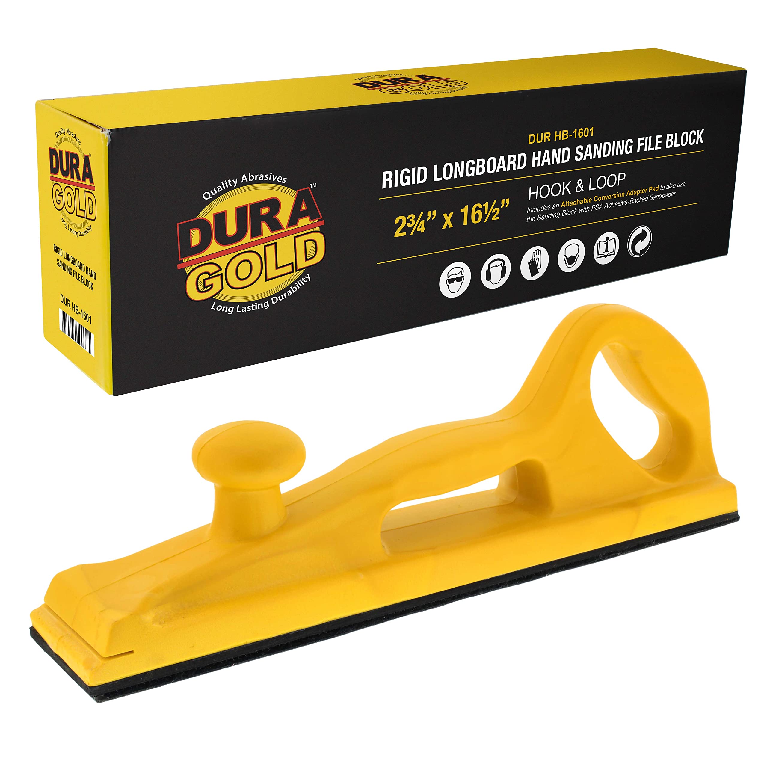 Dura-Gold Pro Series Rigid Longboard Hand Sanding File Block with Both Hook & Loop Backing and PSA Backing Conversion Adapter Pad - For Continuous Rolls or 16-1/2" x 2-3/4" Sandpaper Sheets, Auto Wood