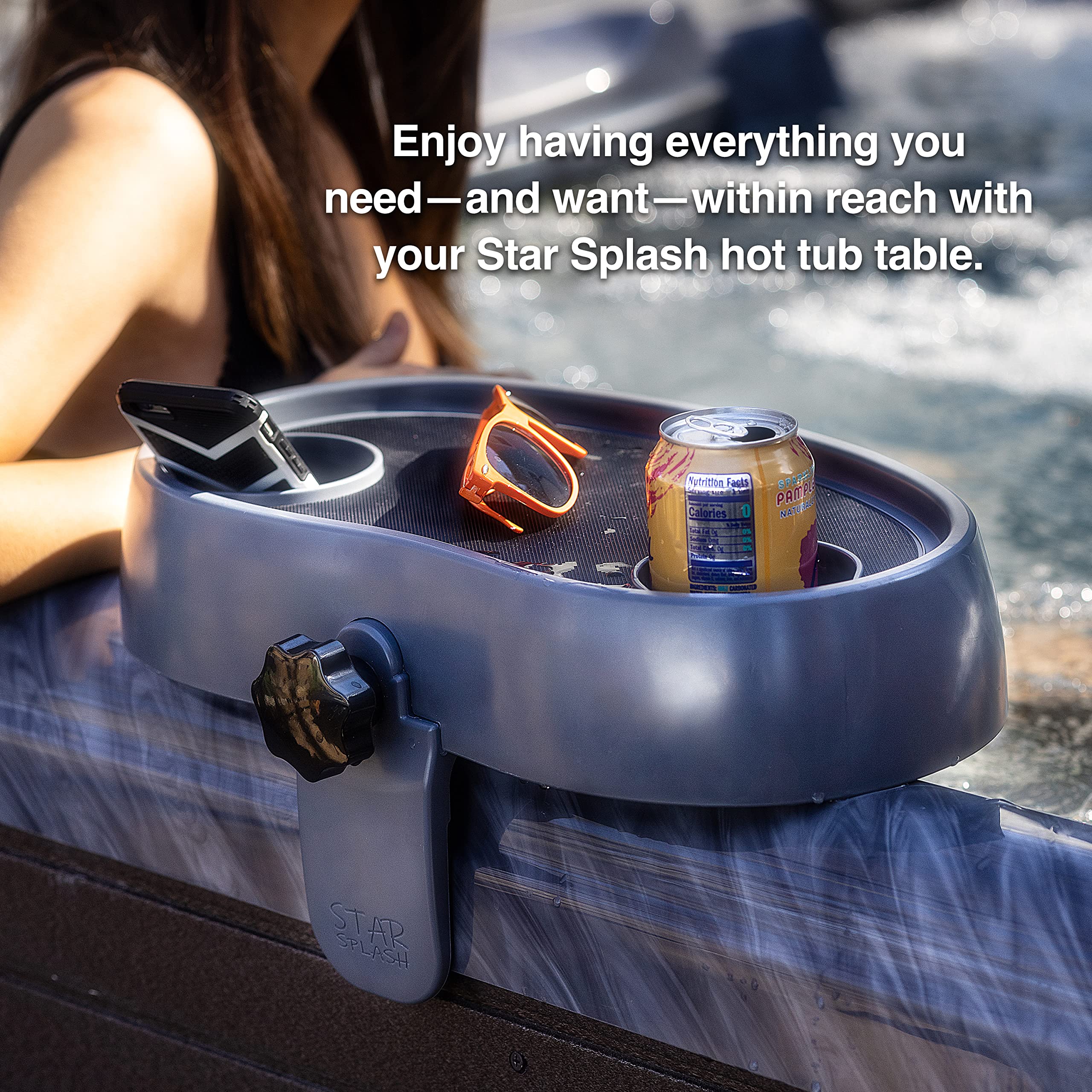 STAR SPLASH Adjustable Hot Tub Table Tray – Heavy-Duty, Nonslip Drink Caddy with Cup Holders - Clamps to Side of Aboveground Bathtub, Spa – Outdoor Patio Accessories and Supplies, 17x10x4 in.