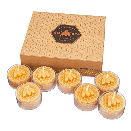 Bobo’s Beeswax Bee Tealight Candles, 7 Pack, Hand Poured Tea Lights with Clean, Long Burning Cotton Wicks, Decorative Lighting for Dinner Party,Made in USA (Natural)