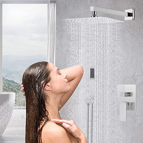 Shower Faucet Set，Rain Shower System with 10 Inch Shower Head and Handheld Wall Mounted，High Pressure Rainfall Shower Faucet Fixture Combo Set，Shower Faucet Set with Valve and trim, Brushed Nickel