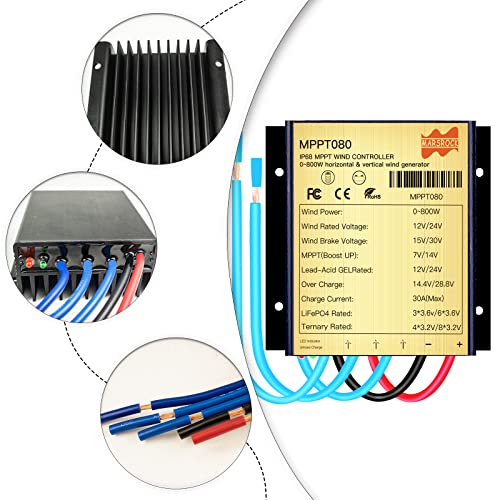 Mars Rock 0~800W 30A Mini Wind Charge Discharge MPPT Controller IP68 Waterproof Regular Auto Match Wind Output DC AC 12/24v Voltage Wind Power System Lithium Lead-Acid Gel Battery