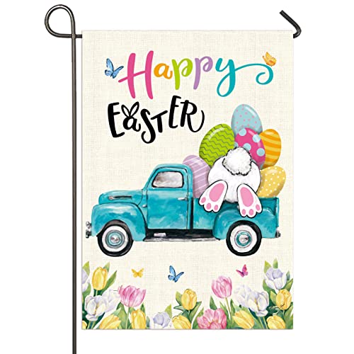 Happy Easter Bunny on The Truck Flag Vertical Double Sided Garden Flag, Indoor and Outdoor Decoration Flag, Bunny Tail and Eggs on The Bright Truck, Welcome Yard Flags for Party Home Decor