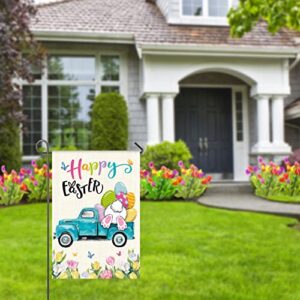 Happy Easter Bunny on The Truck Flag Vertical Double Sided Garden Flag, Indoor and Outdoor Decoration Flag, Bunny Tail and Eggs on The Bright Truck, Welcome Yard Flags for Party Home Decor