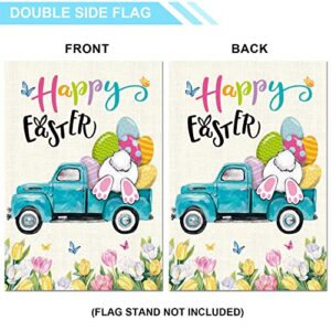 Happy Easter Bunny on The Truck Flag Vertical Double Sided Garden Flag, Indoor and Outdoor Decoration Flag, Bunny Tail and Eggs on The Bright Truck, Welcome Yard Flags for Party Home Decor