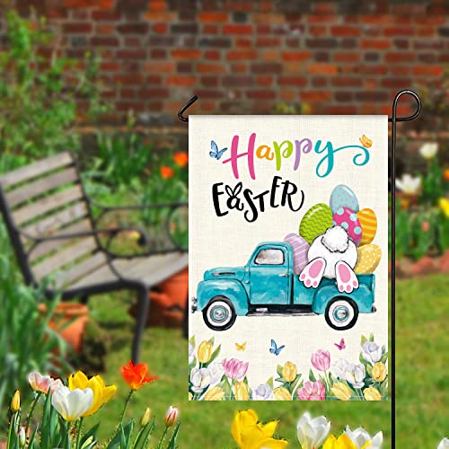 Happy Easter Bunny on The Truck Flag Vertical Double Sided Garden Flag, Indoor and Outdoor Decoration Flag, Bunny Tail and Eggs on The Bright Truck, Welcome Yard Flags for Party Home Decor