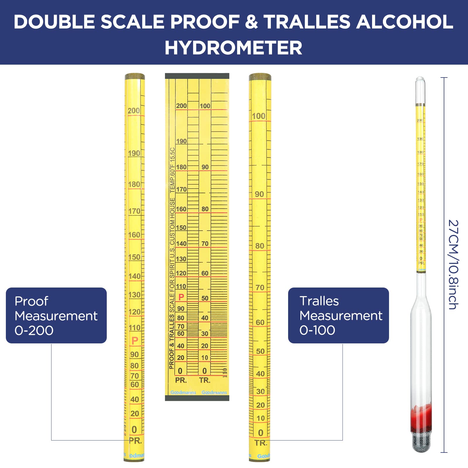 Hydrometer Alcohol Meter Test Kit Hydrometer Alcohol 0-200 Proof Digital Hydrometer Alcohol with 1 Glass Cylinder, 1 Brush and 2 Airlock for Proofing Distilled, Alcohol Content Tester