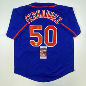 autographed/signed sid fernandez 86 wsc new york blue baseball jersey jsa coa