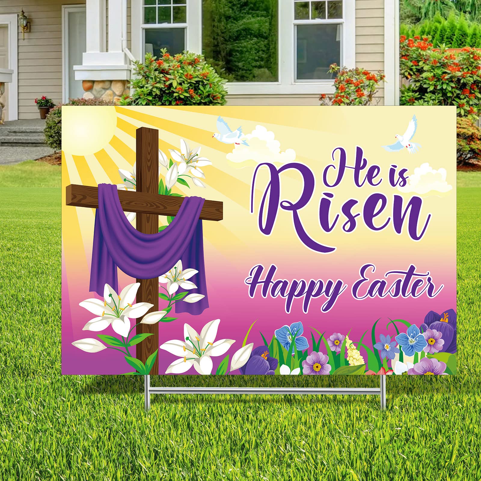 Easter Yard Sign Outdoor Decoration Happy Easter He is Risen Yard Sign Easter Lawn Signs Christian Holiday Party Yard Sign Easter Lawn Stake for Garden Yard Party Decorations Props (Bright Style)