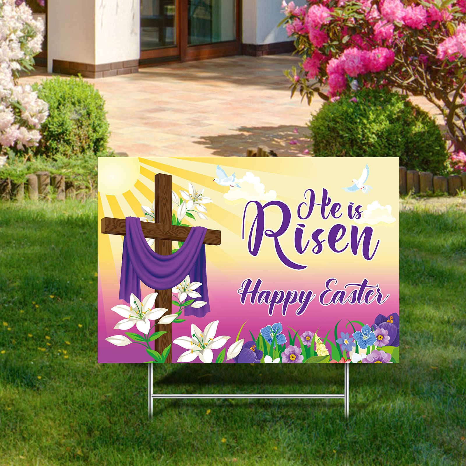 Easter Yard Sign Outdoor Decoration Happy Easter He is Risen Yard Sign Easter Lawn Signs Christian Holiday Party Yard Sign Easter Lawn Stake for Garden Yard Party Decorations Props (Bright Style)