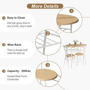 Bonzy Home 3 Piece Dining Table Set for 2, Bistro Table and Chairs for Kitchen, Outdoor and Indoor Pub, Bar Set, Balcony Furniture, Compact Space and Steel Frame, Built-in Wine Rack, Patio Decor