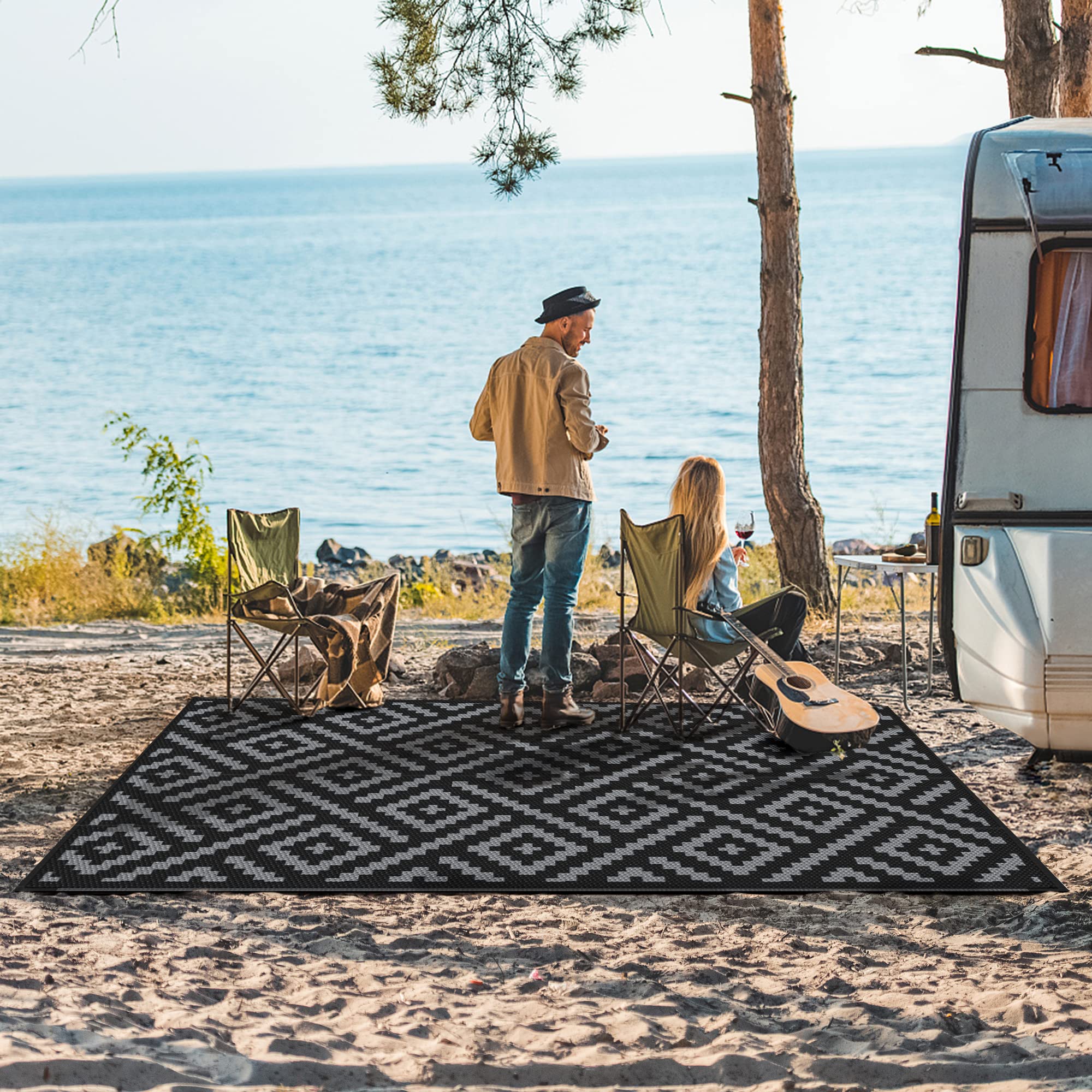 GENIMO Outdoor Rug for Patio Clearance,6'x9' Waterproof Mat,Reversible Plastic Camping Rugs,Rv,Porch,Deck,Camper,Balcony,Backyard,Black & Gray