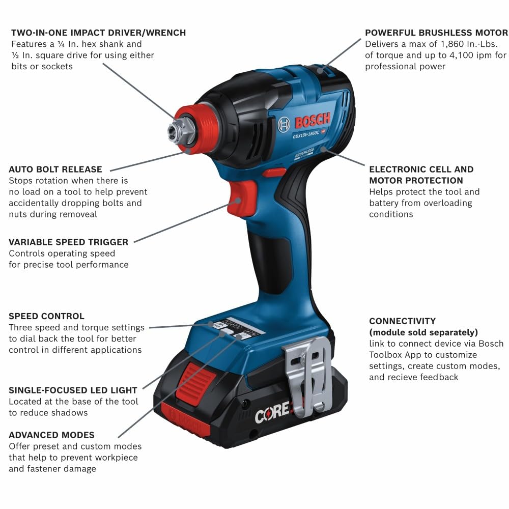 BOSCH GDX18V-1860CB15 18V Connected-Ready Two-In-One 1/4 In. and 1/2 In. Bit/Socket Impact Driver/Wrench Kit with (1) CORE18V 4 Ah Advanced Power Battery