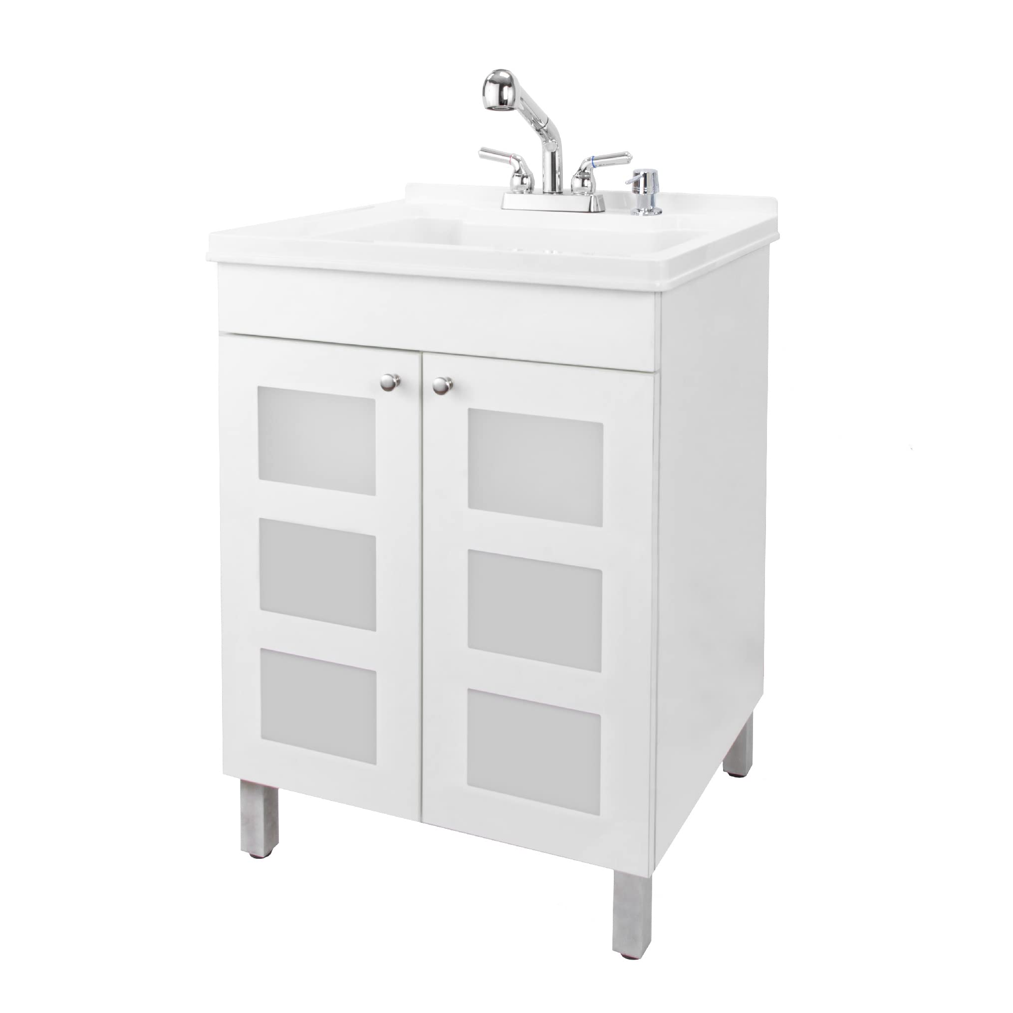 JS Jackson Supplies Utility Sink with White Vanity Cabinet, Chrome Finish Pull-Out Sprayer Faucet, Soap Dispenser and Spacious Vanity for Laundry Room