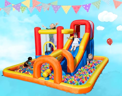 Baralir Inflatable Bounce House with Long Slide & Big Play Pool, Cave & Tunnel Adventure, Endless Indoor/Outdoor Fun of Jumping, Sliding, Climbing, Water Splashing - Surprising Gift for Kids