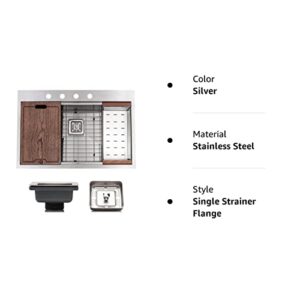 Strictly Sinks 33 Topmount Kitchen Workstation Sink Silver Single Bowl 16 Gauge Stainless Steel Drop In Sink With Scratch, Stain Resistant Colander, Cutting Board, Bottom Grid & Strainer Square Drain