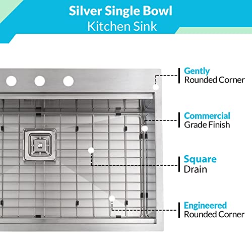 Strictly Sinks 33 Topmount Kitchen Workstation Sink Silver Single Bowl 16 Gauge Stainless Steel Drop In Sink With Scratch, Stain Resistant Colander, Cutting Board, Bottom Grid & Strainer Square Drain