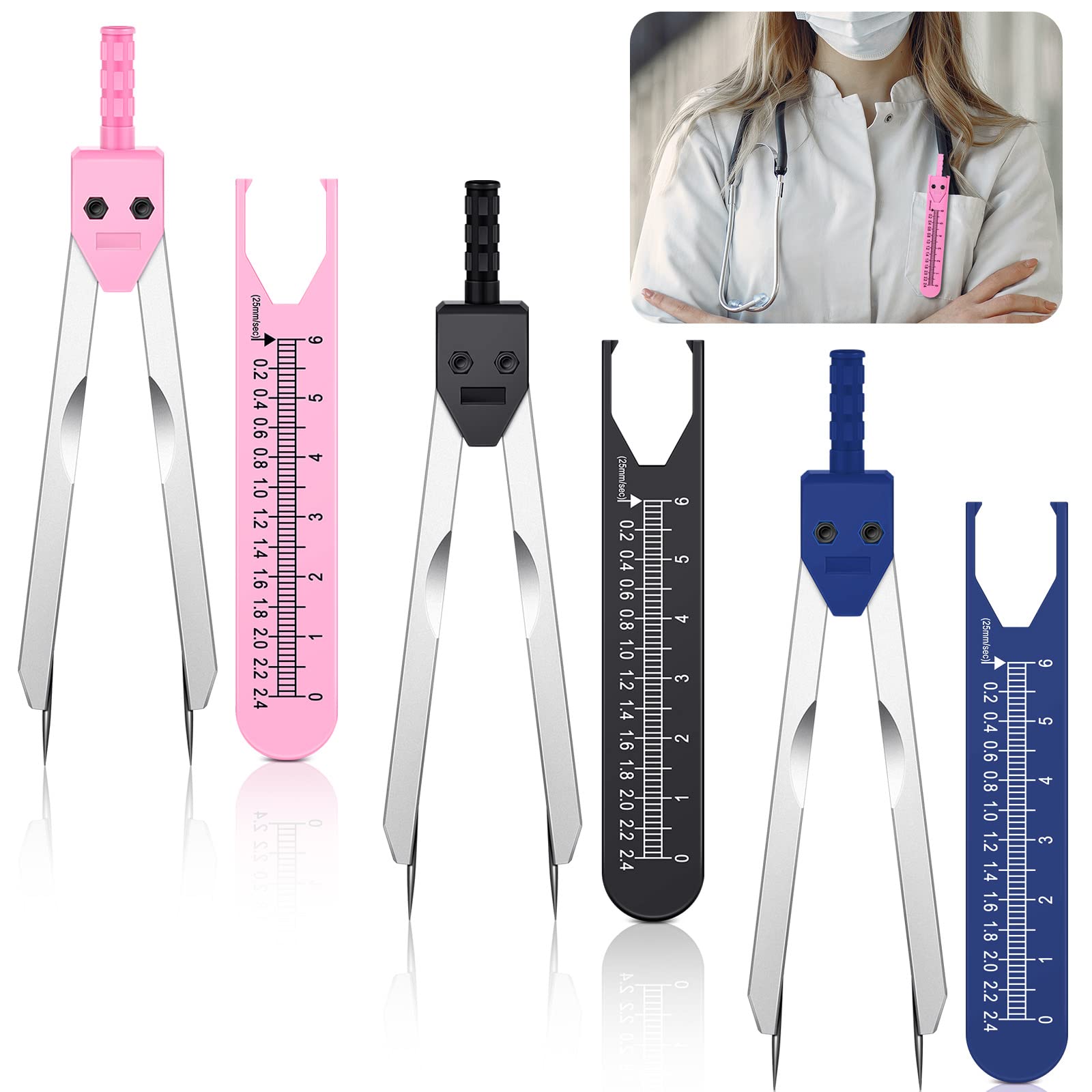 Adjustable EKG Caliper 3 Pieces ECG Calipers Electrocardiogram Divider Stainless Steel Measuring Calipers Caliper EKG Tool Caliper for Nurses Nursing Tool for Nurse, Black, Blue and Pink