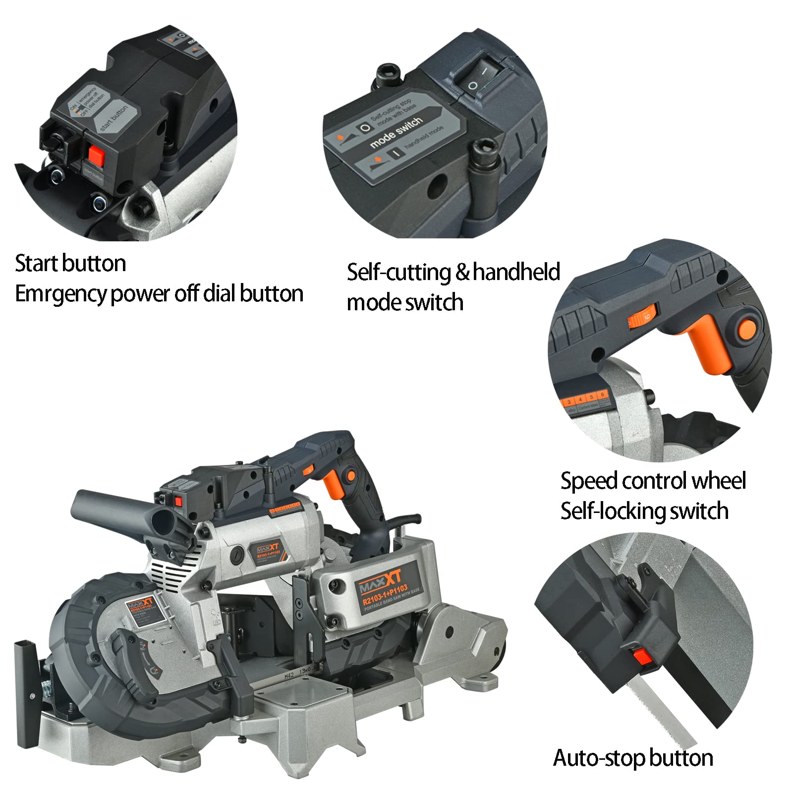 MAXXT Band Saw with Lightweight Aluminum Base 10 Amp 5 Inch Deep Cut Variable Speed Handheld Automatic Multipurpose Cut with Carrying Wheels Portable