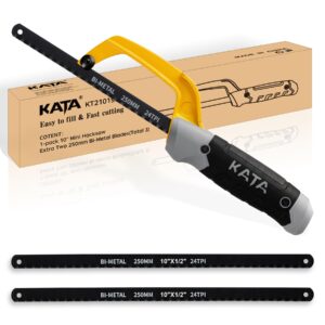 kata hacksaw, compact hand operating hack saw with 10 inch aluminum frame and 2 piece extra flexible bi-metal hss blades, suitable for wood and metal (mini hacksaw)