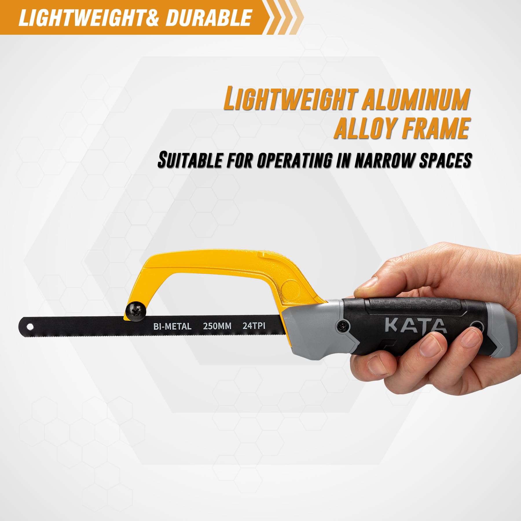 KATA Hacksaw, Compact Hand Operating Hack Saw with 10 Inch Aluminum Frame and 2 Piece Extra Flexible Bi-Metal HSS Blades, Suitable for Wood and Metal (Mini Hacksaw)