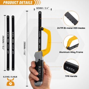 KATA Hacksaw, Compact Hand Operating Hack Saw with 10 Inch Aluminum Frame and 2 Piece Extra Flexible Bi-Metal HSS Blades, Suitable for Wood and Metal (Mini Hacksaw)