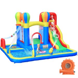 baralir inflatable bounce house with water slide and large splash pool, bouncy water park with surprise dump bucket, water sprayers, water cannon, 2 pools and ball shooting frame