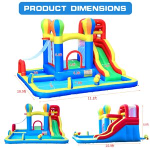 Baralir Inflatable Bounce House with Water Slide and Large Splash Pool, Bouncy Water Park with Surprise Dump Bucket, Water Sprayers, Water Cannon, 2 Pools and Ball Shooting Frame