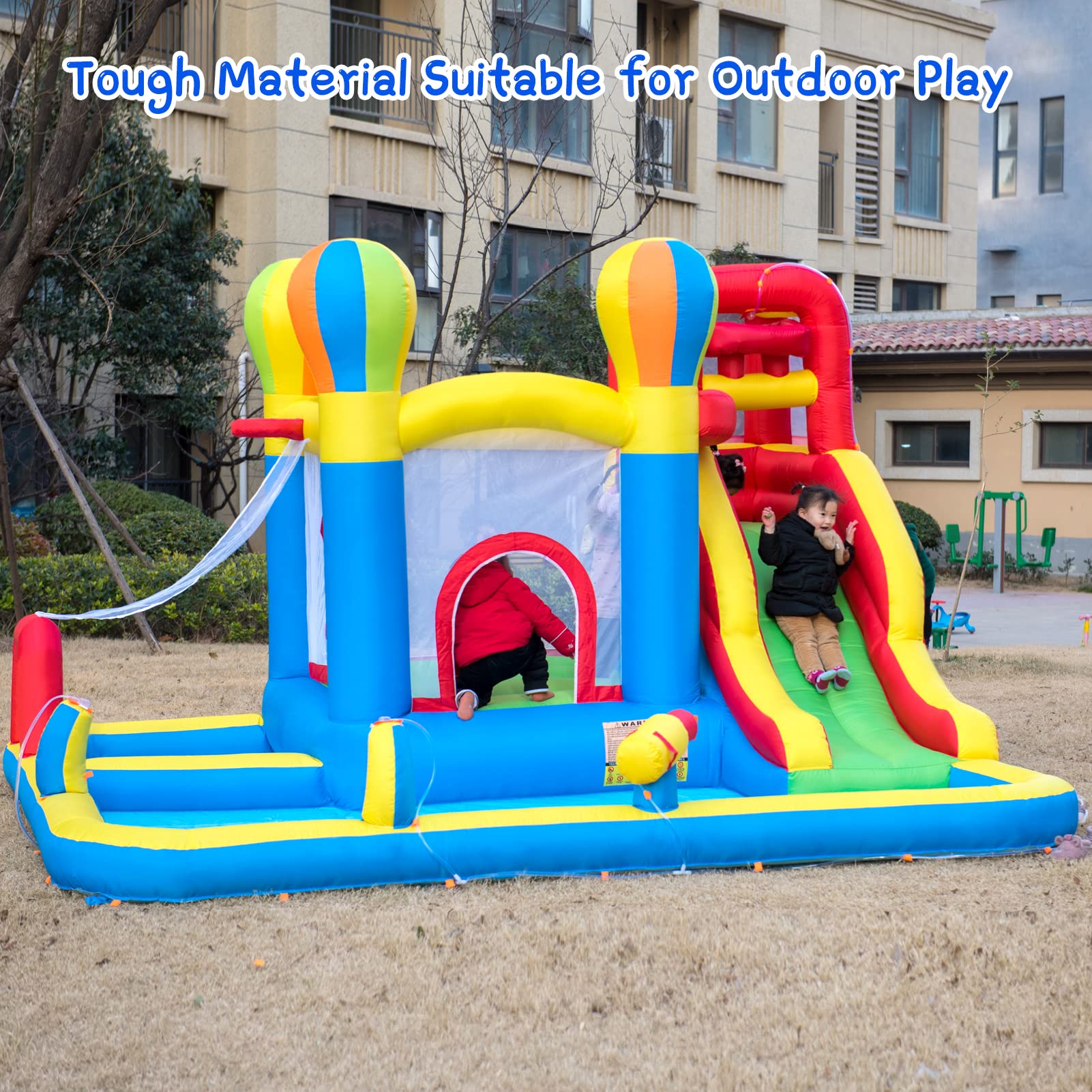 Baralir Inflatable Bounce House with Water Slide and Large Splash Pool, Bouncy Water Park with Surprise Dump Bucket, Water Sprayers, Water Cannon, 2 Pools and Ball Shooting Frame