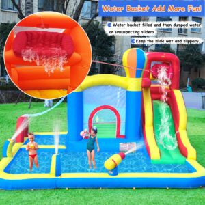 Baralir Inflatable Bounce House with Water Slide and Large Splash Pool, Bouncy Water Park with Surprise Dump Bucket, Water Sprayers, Water Cannon, 2 Pools and Ball Shooting Frame