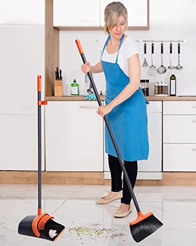 Broom and Dustpan Set for Home,Broom and Dust Pans with Long Handle,Indoor Broom with Dustpan Combo Set,Stand Up Broom and Dustpan,Kitchen Broom Dustpan for Home Room Office Lobby Floor Use(Orange)