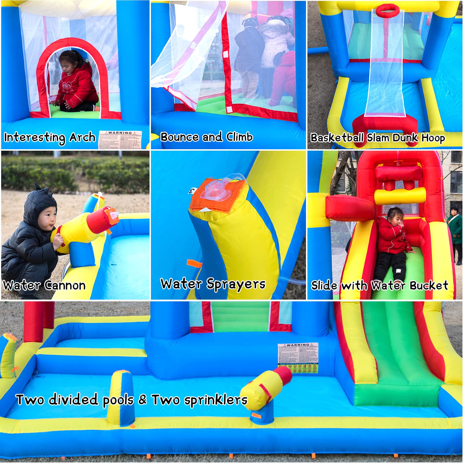 Baralir Inflatable Bounce House with Water Slide and Large Splash Pool, Bouncy Water Park with Surprise Dump Bucket, Water Sprayers, Water Cannon, 2 Pools and Ball Shooting Frame