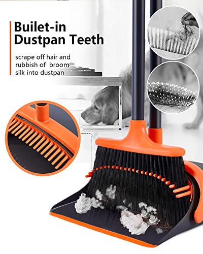 Broom and Dustpan Set for Home,Broom and Dust Pans with Long Handle,Indoor Broom with Dustpan Combo Set,Stand Up Broom and Dustpan,Kitchen Broom Dustpan for Home Room Office Lobby Floor Use(Orange)