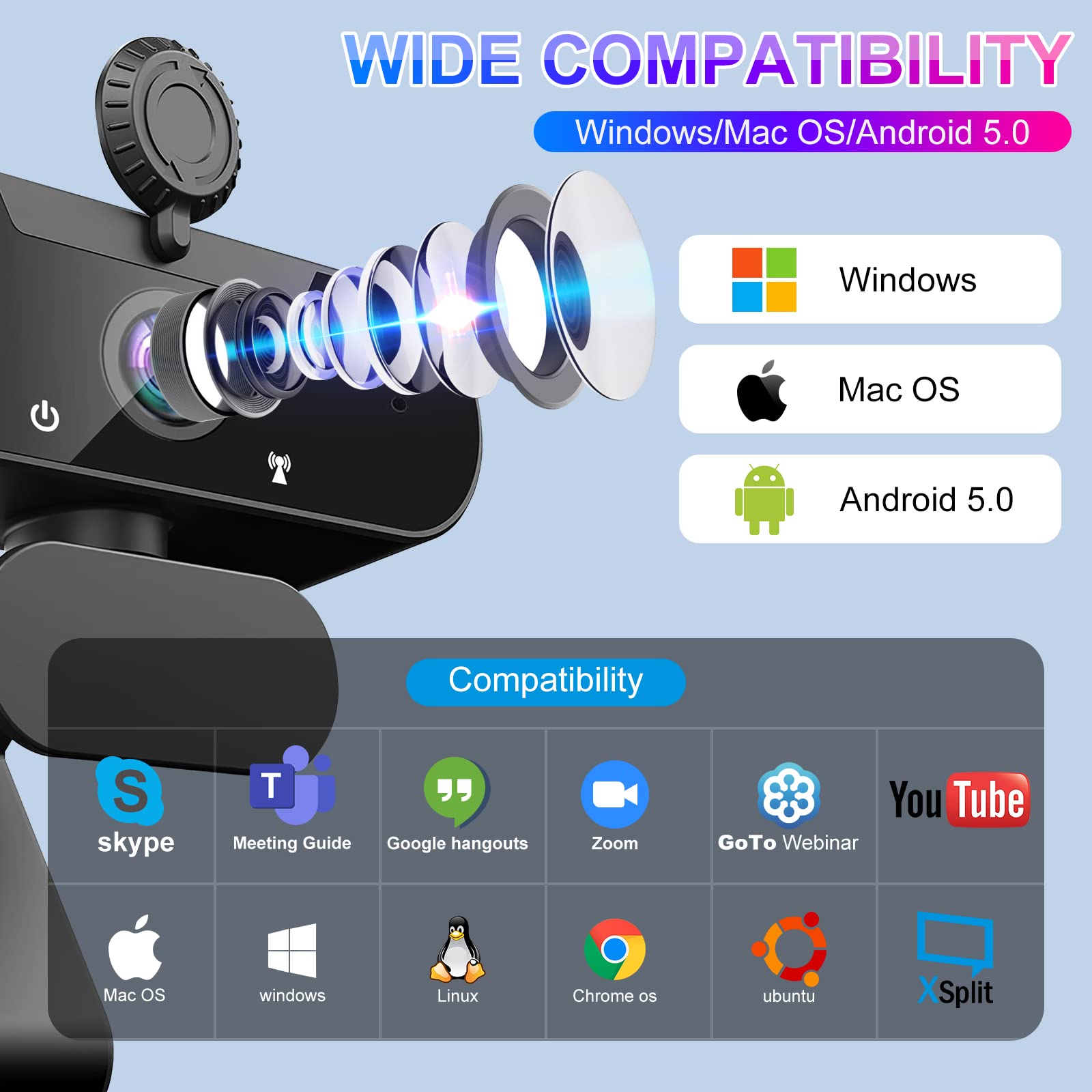 1080P 60FPS Webcam with Microphone, Laptop Computer Camera, Dual Mics, Plug and Play, Webcams Cover & Mini Tripod, 100° Wide Angle Streaming Web Camera for Video Conferencing, Zoom, Facetime, Skype